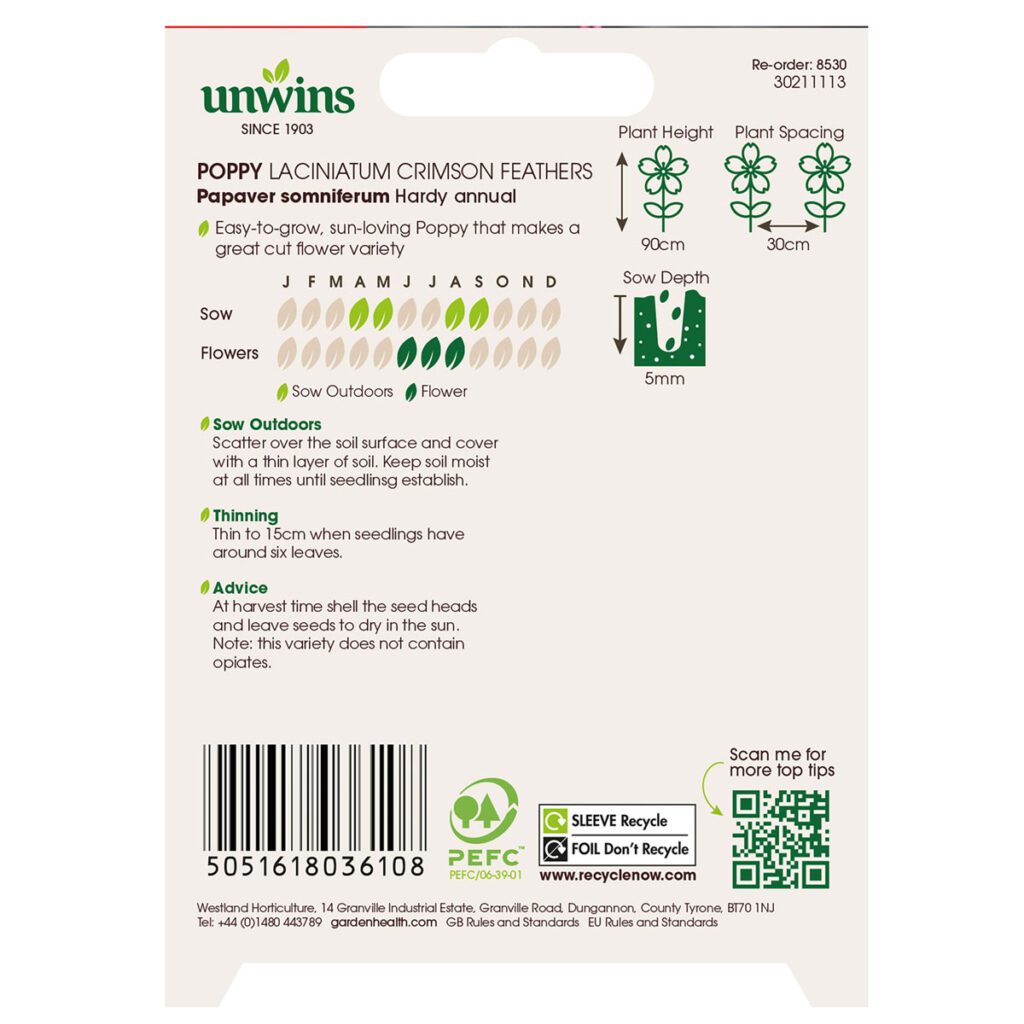 Unwins Poppy Crimson Feathers Seeds